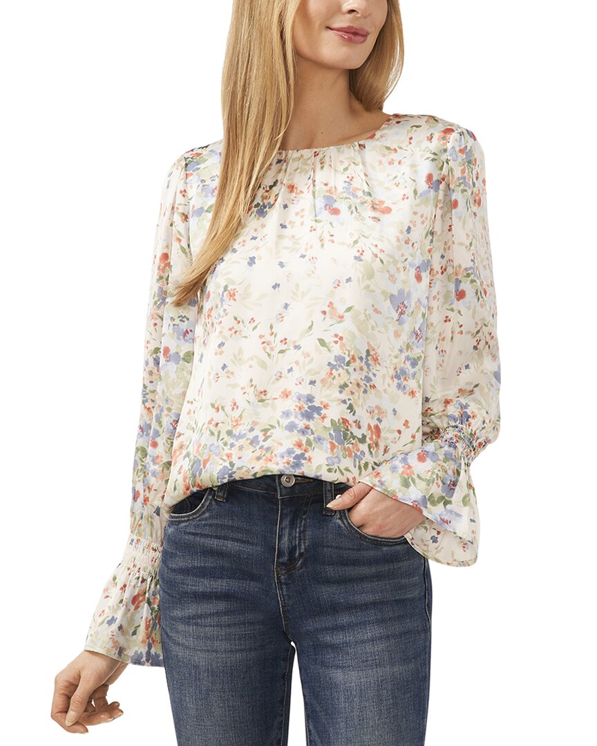 Cece Floral Ruffle Cuff Charmeuse Top In Egret | ModeSens